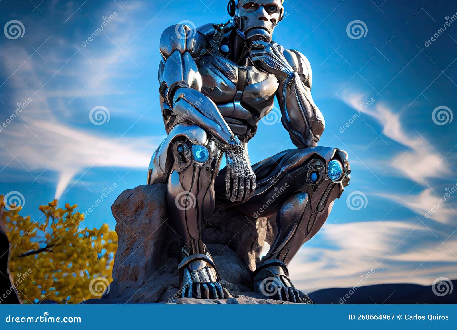 Futuristic Metallic Android Thinking Sitting on a Stone. AI Art ...