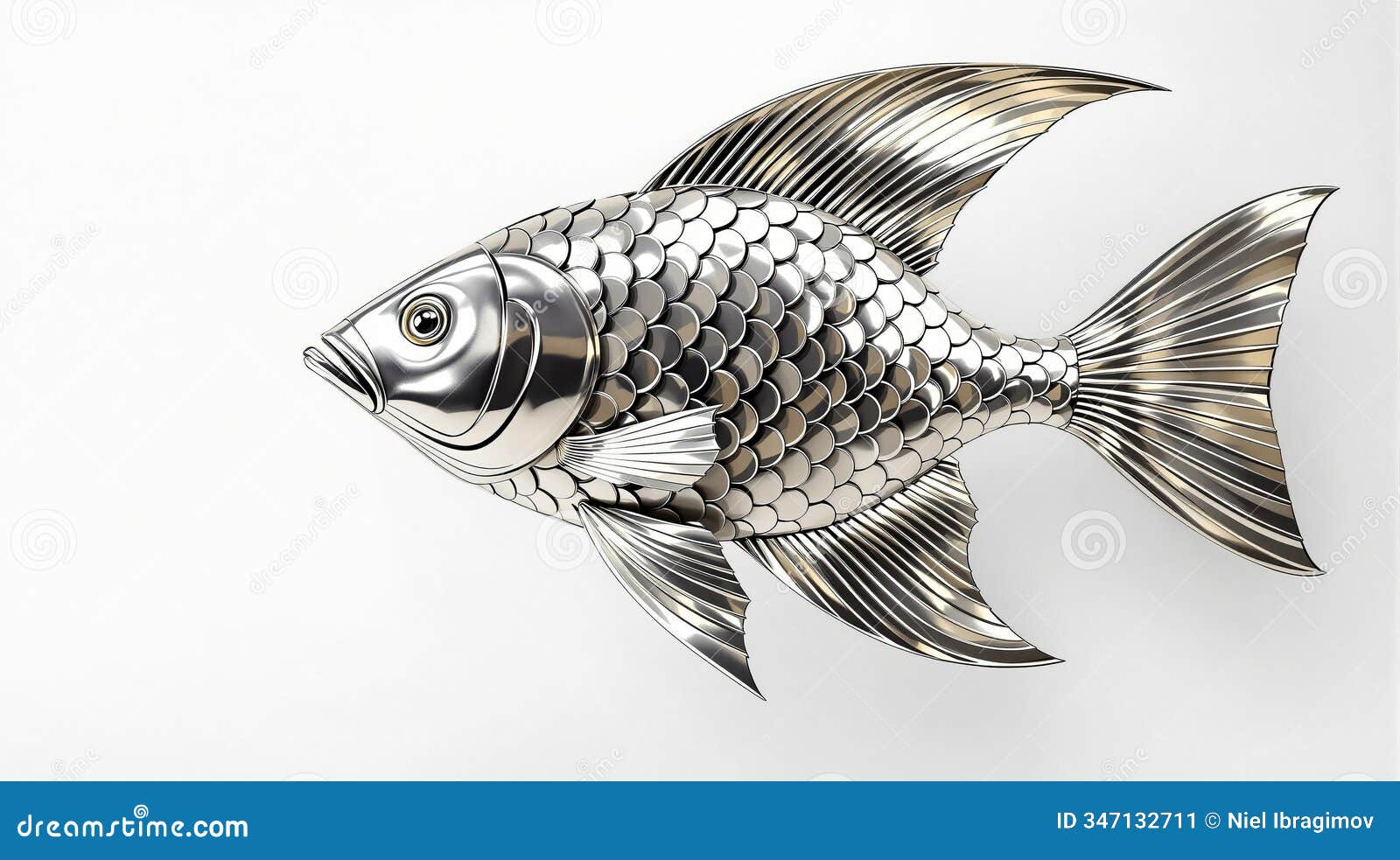 Futuristic Metallic Fish Design: Shiny Sculpture on White Background ...
