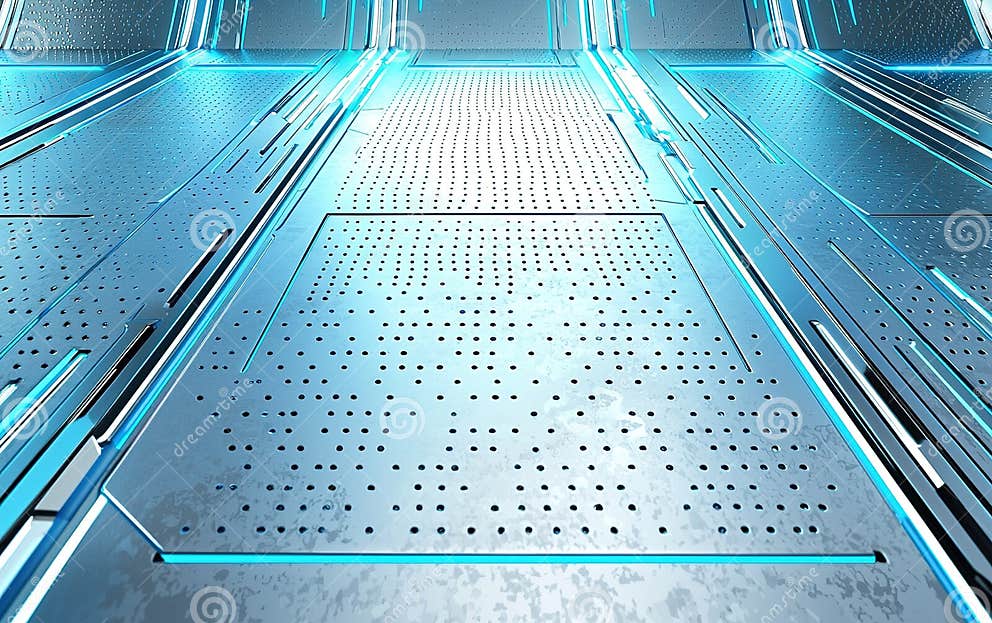 Futuristic Metallic Floor Embedded with Blue Lighting and Perforated ...