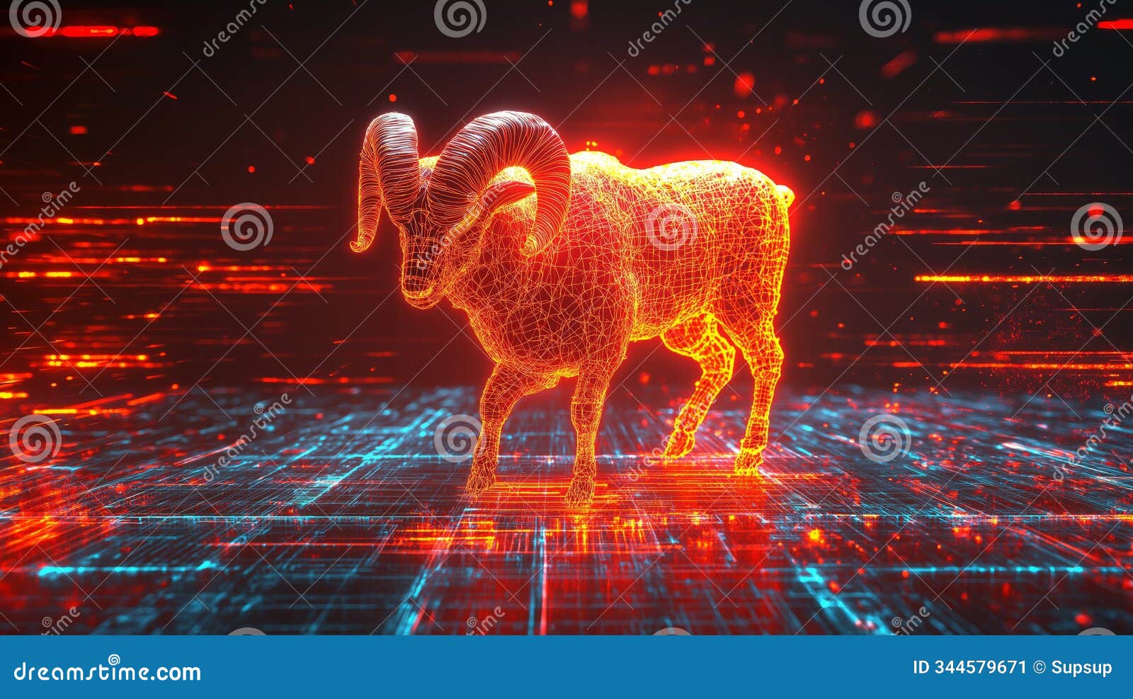 Futuristic Metallic Ram with Glowing Effects on Digital Grid Background ...