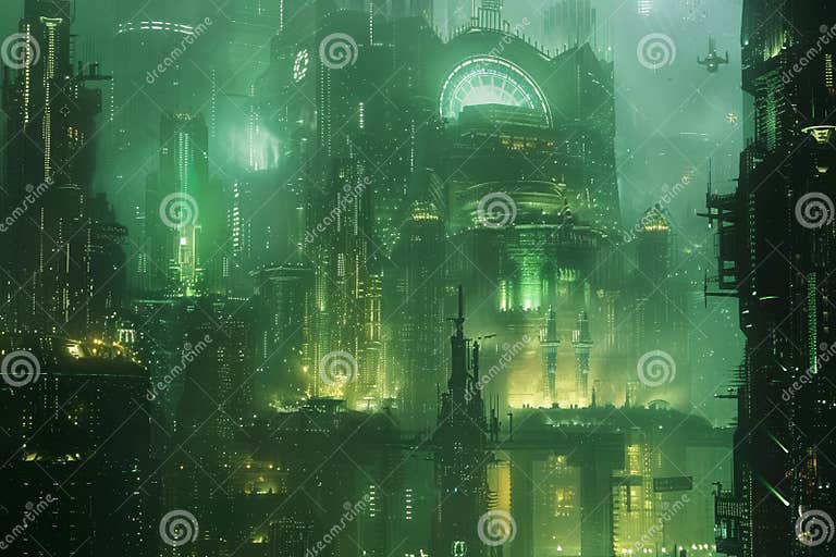 A Futuristic Metropolis Featuring a Prominent Clock Tower in the Midst ...