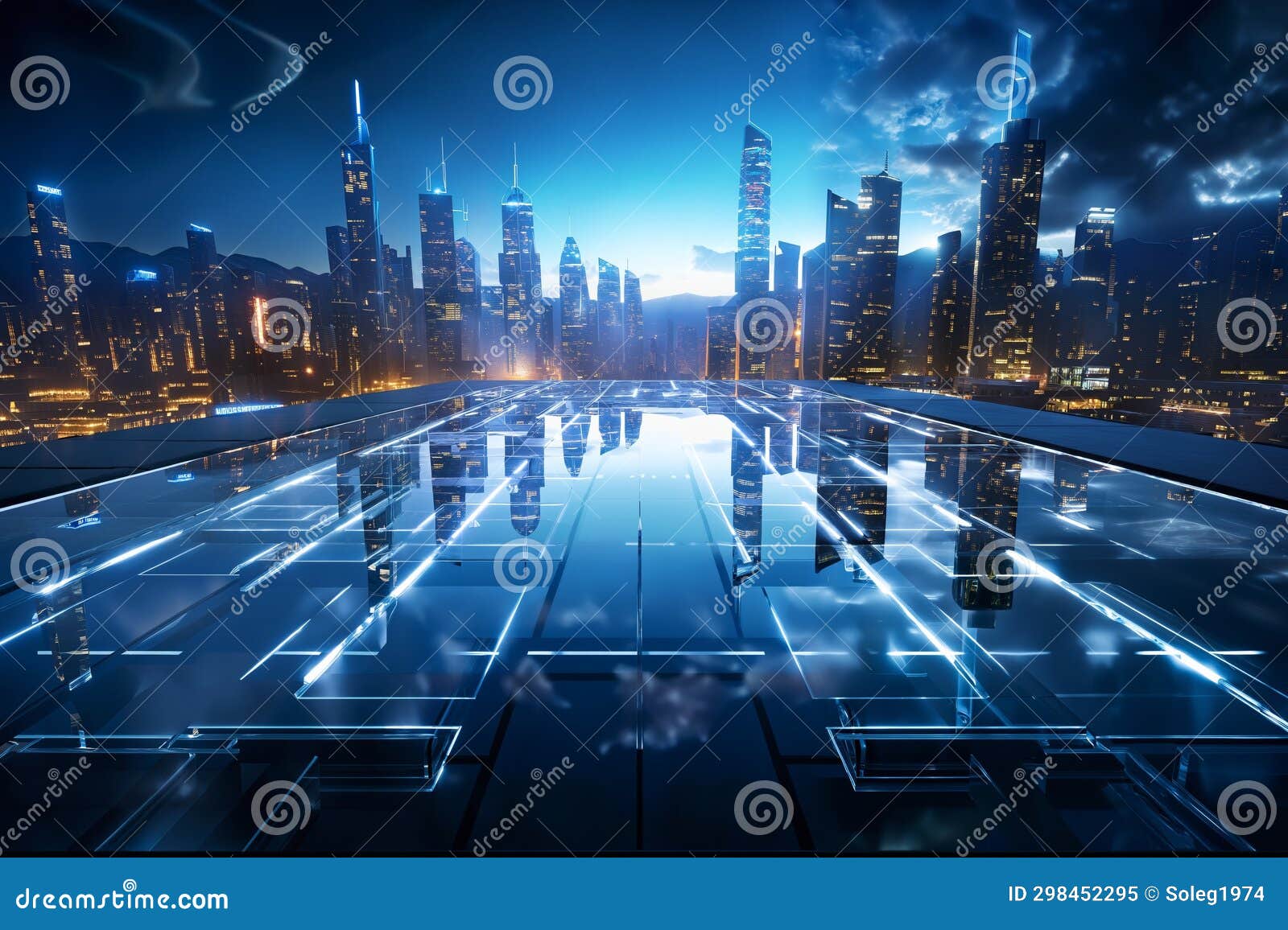 Futuristic Metropolis Panoramic View at Night, Streetlights ...