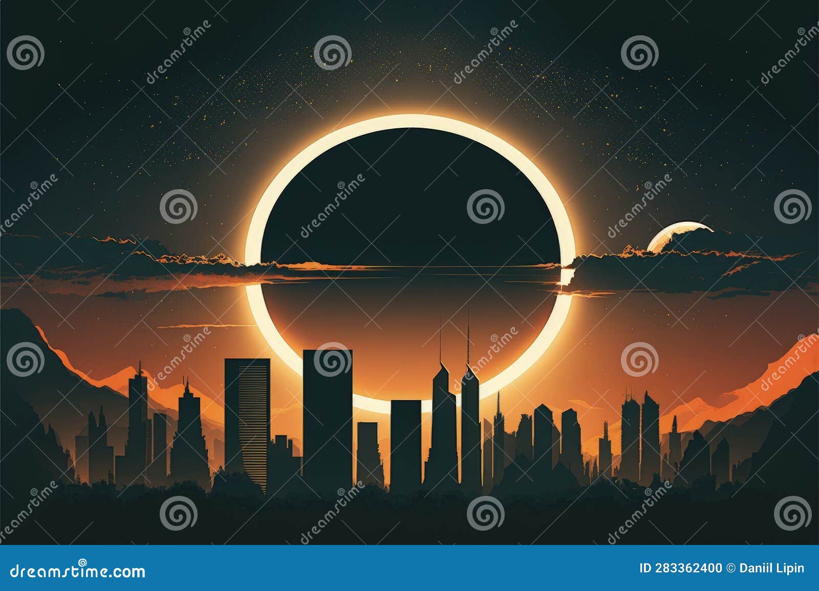 Futuristic Metropolis with Planets and Solar Eclipse in Background ...