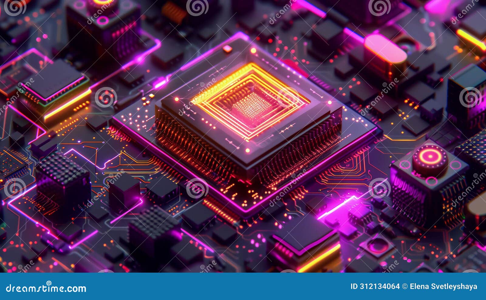 Futuristic Microchip Background with Neon Lights and Trails. Stock ...