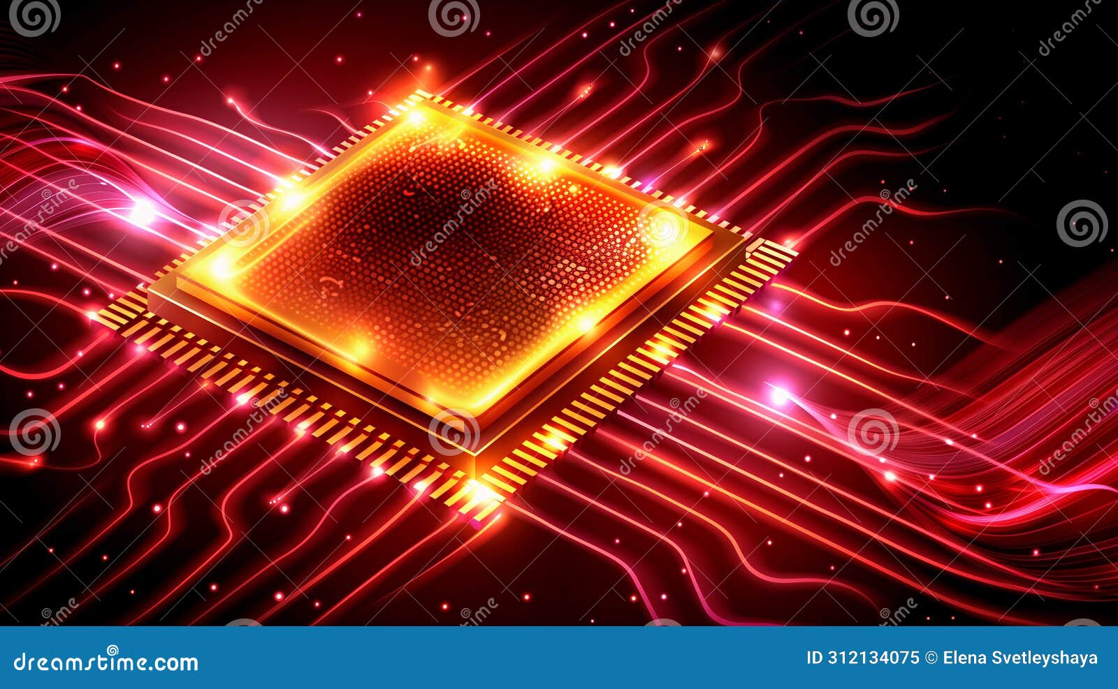 Futuristic Microchip Background with Neon Lights and Trails. Stock ...