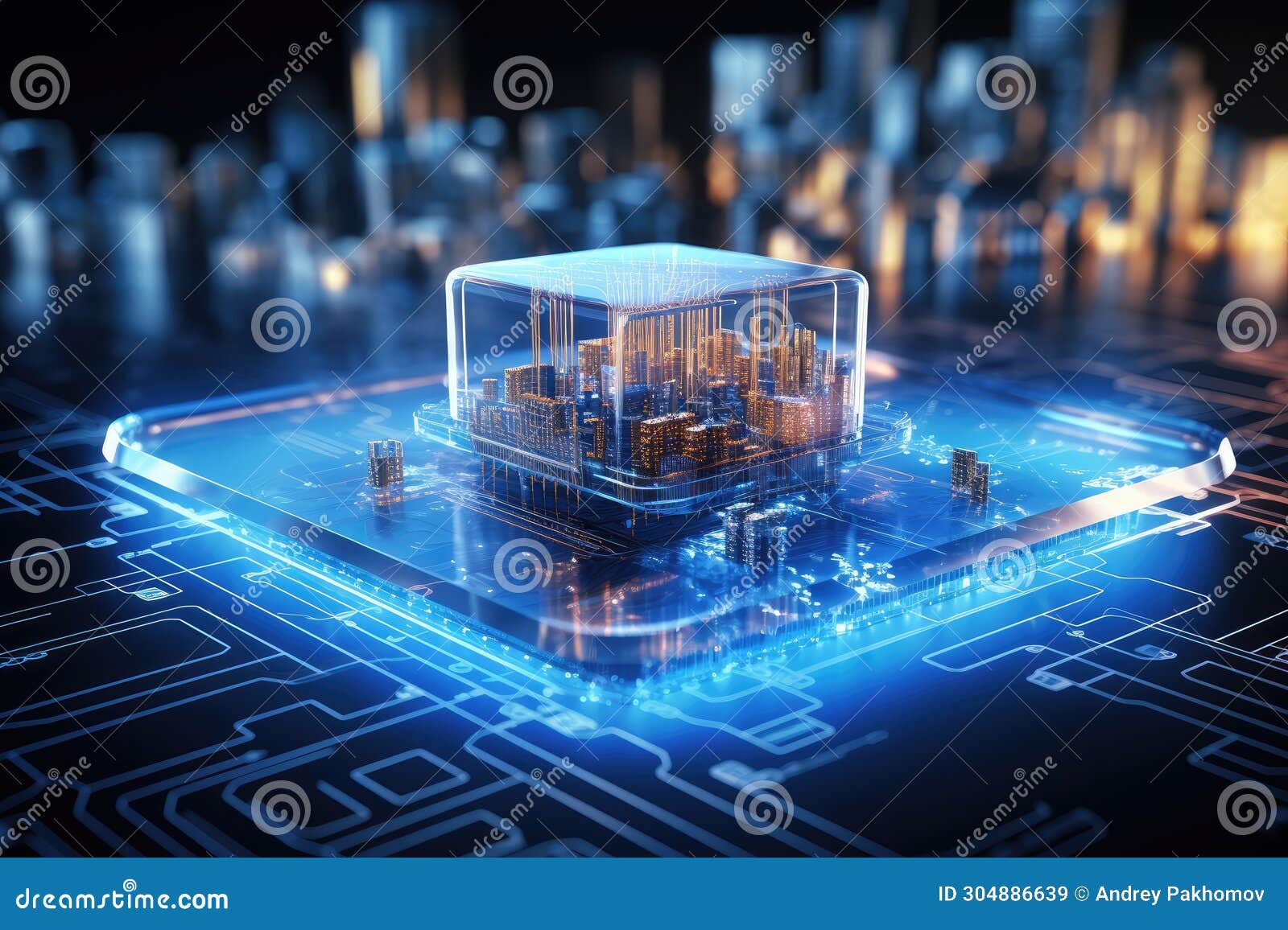 Futuristic Microchip Processor Encased in Protective Glass on a Blue ...