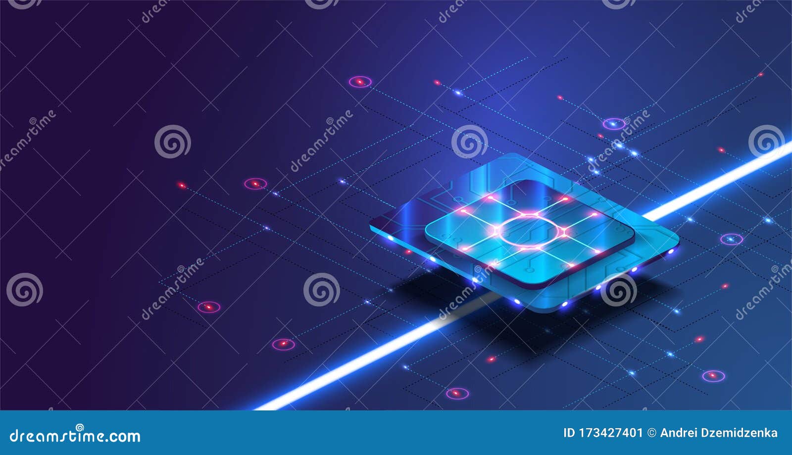Futuristic Microchip Processor with Lights on the Blue Background. Quantum Computer, Large Data ...