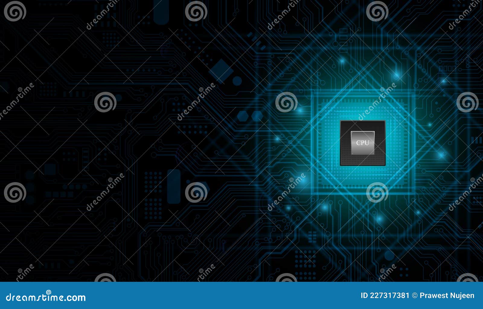 Futuristic Microchip Processor with Lights on the Blue Background. Quantum Computer, Large Data ...