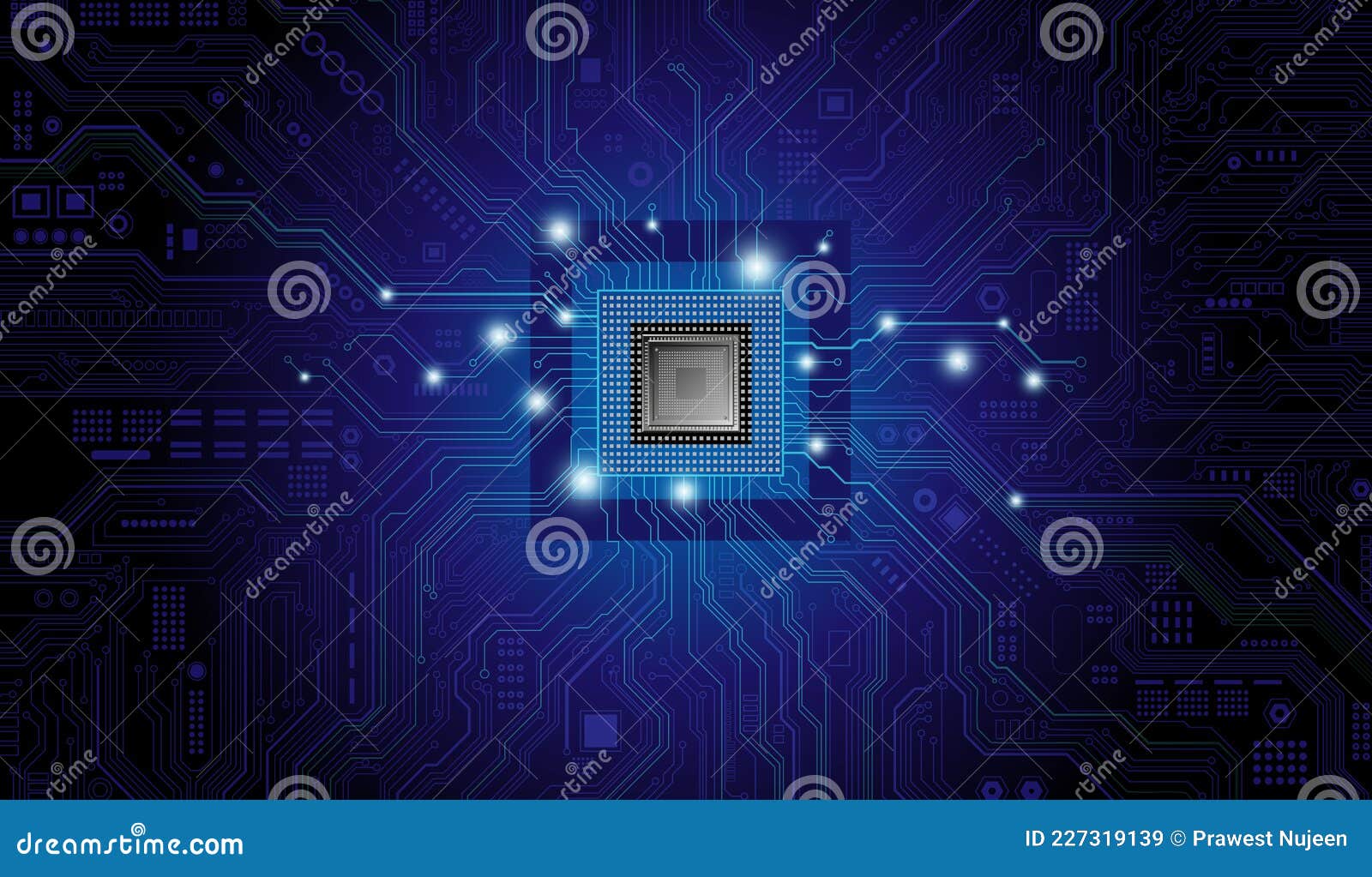 Futuristic Microchip Processor with Lights on the Blue Background. Quantum Computer, Large Data ...