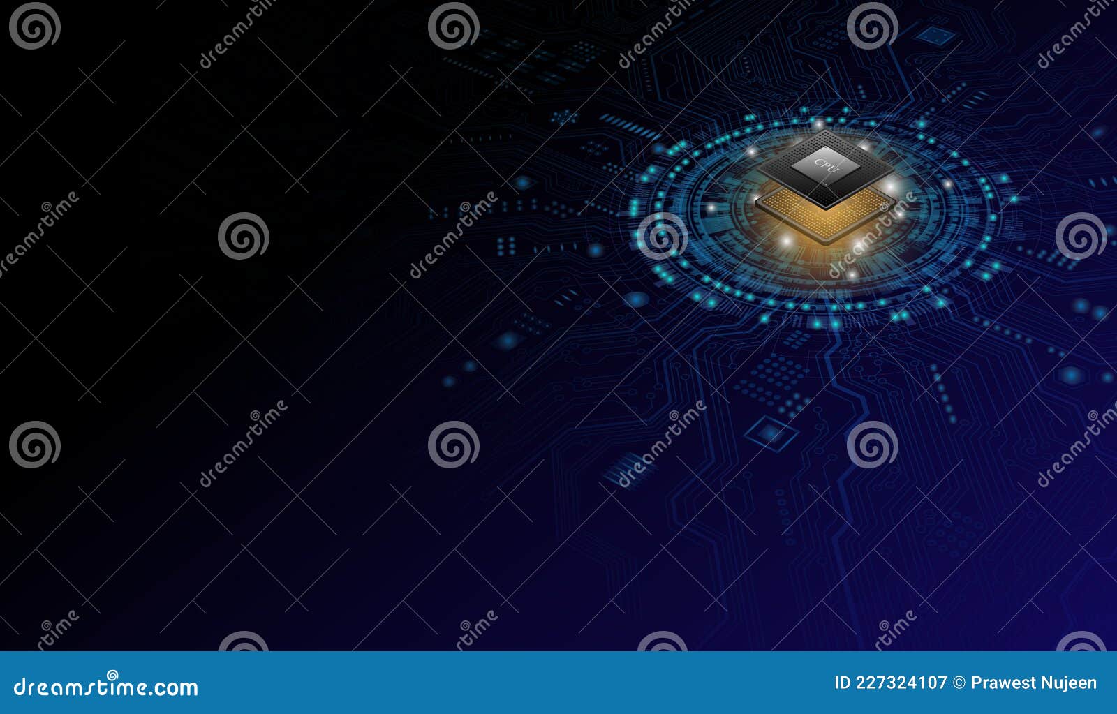 Futuristic Microchip Processor with Lights on the Blue Background. Quantum Computer, Large Data ...