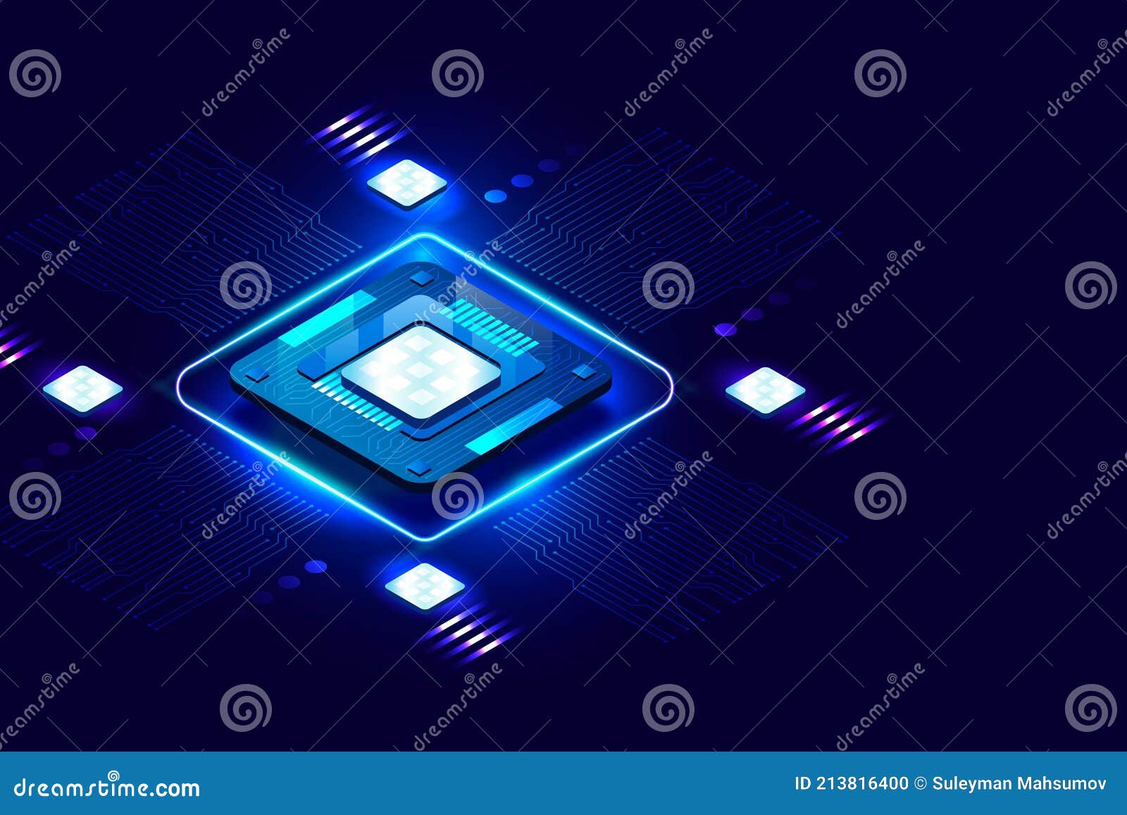 Futuristic Microchip Processor with Lights on the Blue Background. Quantum Computer, Large Data ...