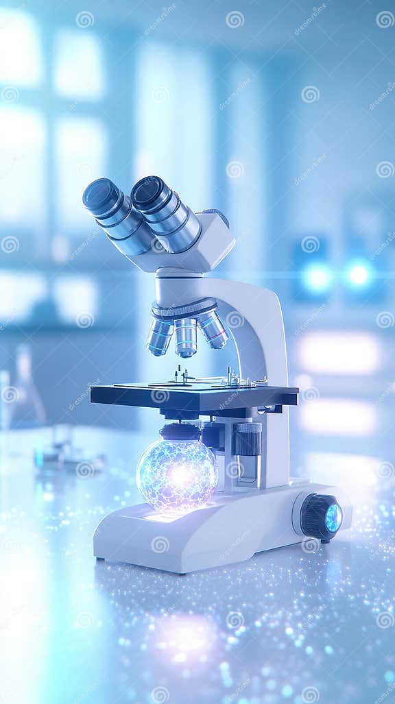 Futuristic Microscope with Glowing Holographic Elements in Lab Setting ...