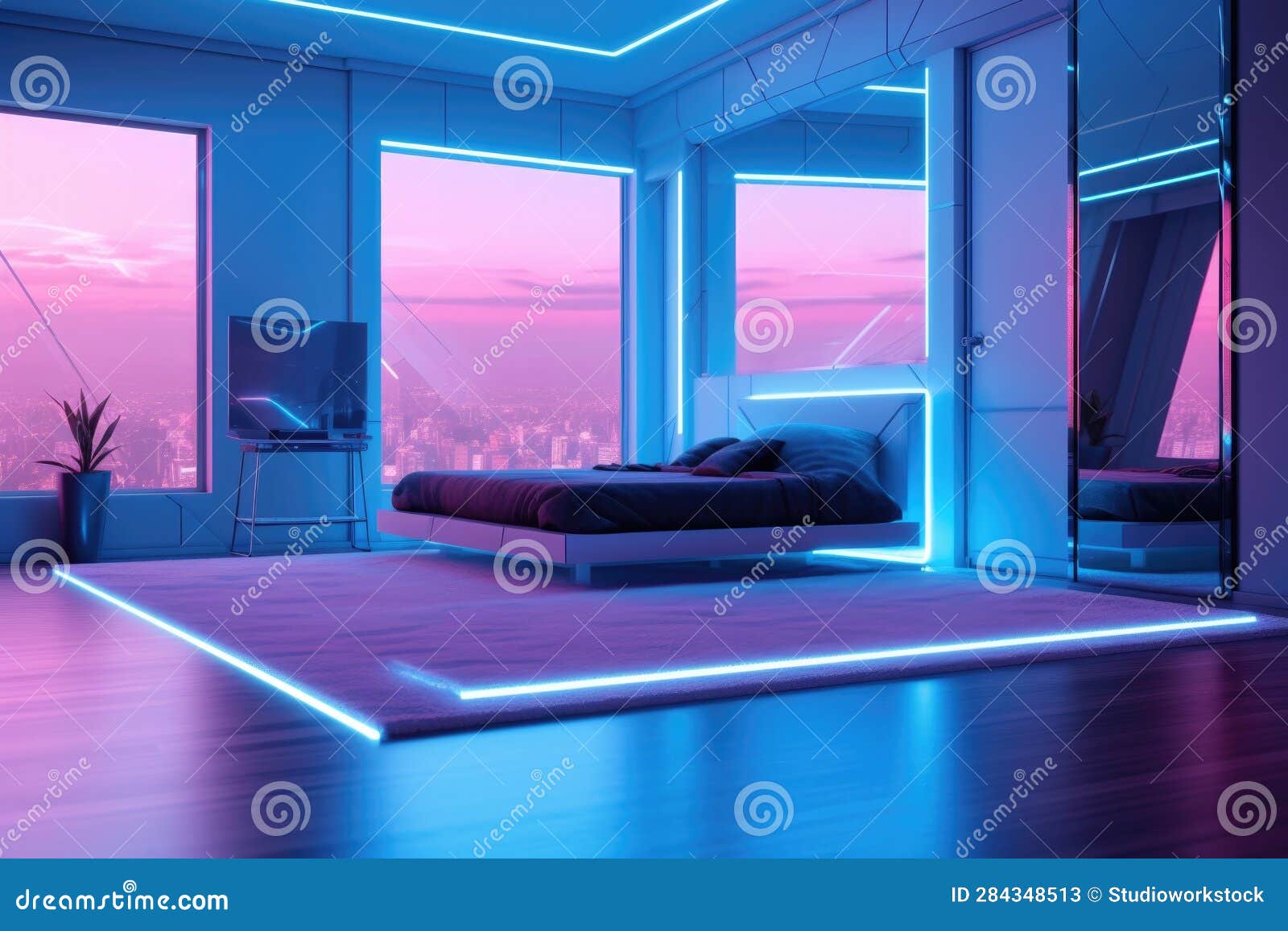 Futuristic Minimal Room with Holographic Displays Stock Illustration ...