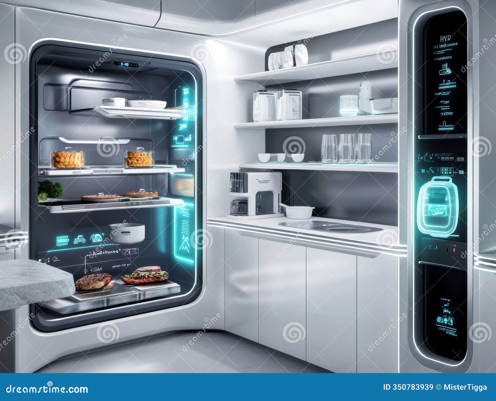 A Futuristic, Minimalist Kitchen Scene with a Lit Refrigerator and ...