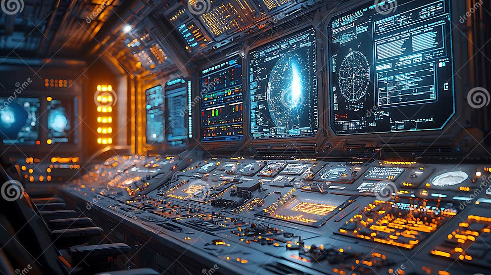 Futuristic Mission Control Room with Glowing Screens and Controls ...