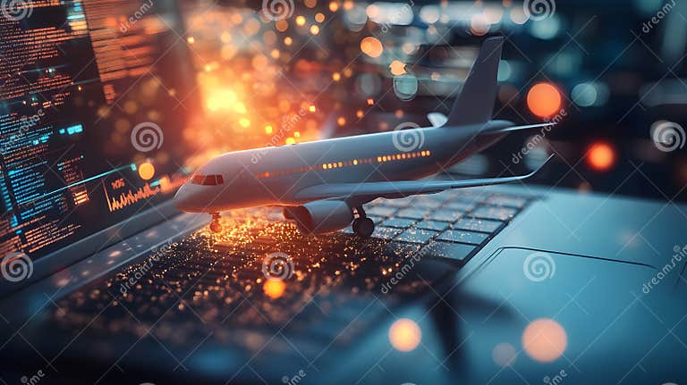 Futuristic Model Airplane on Laptop with Digital Data Overlay in ...