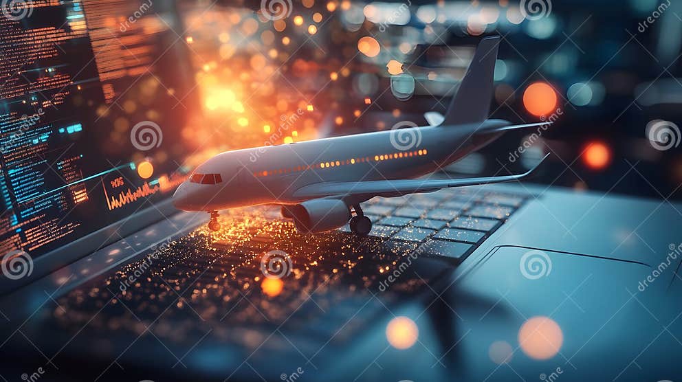 Futuristic Model Airplane on Laptop with Digital Data Overlay in ...