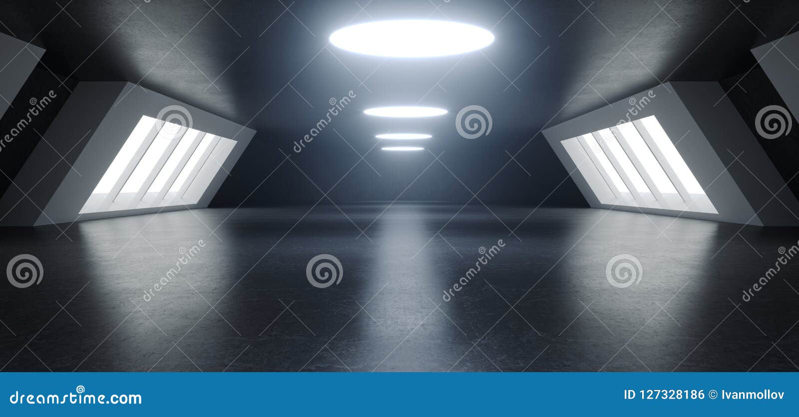 Futuristic Modern Big Dark Empty Hall with Reflections and Big G Stock ...