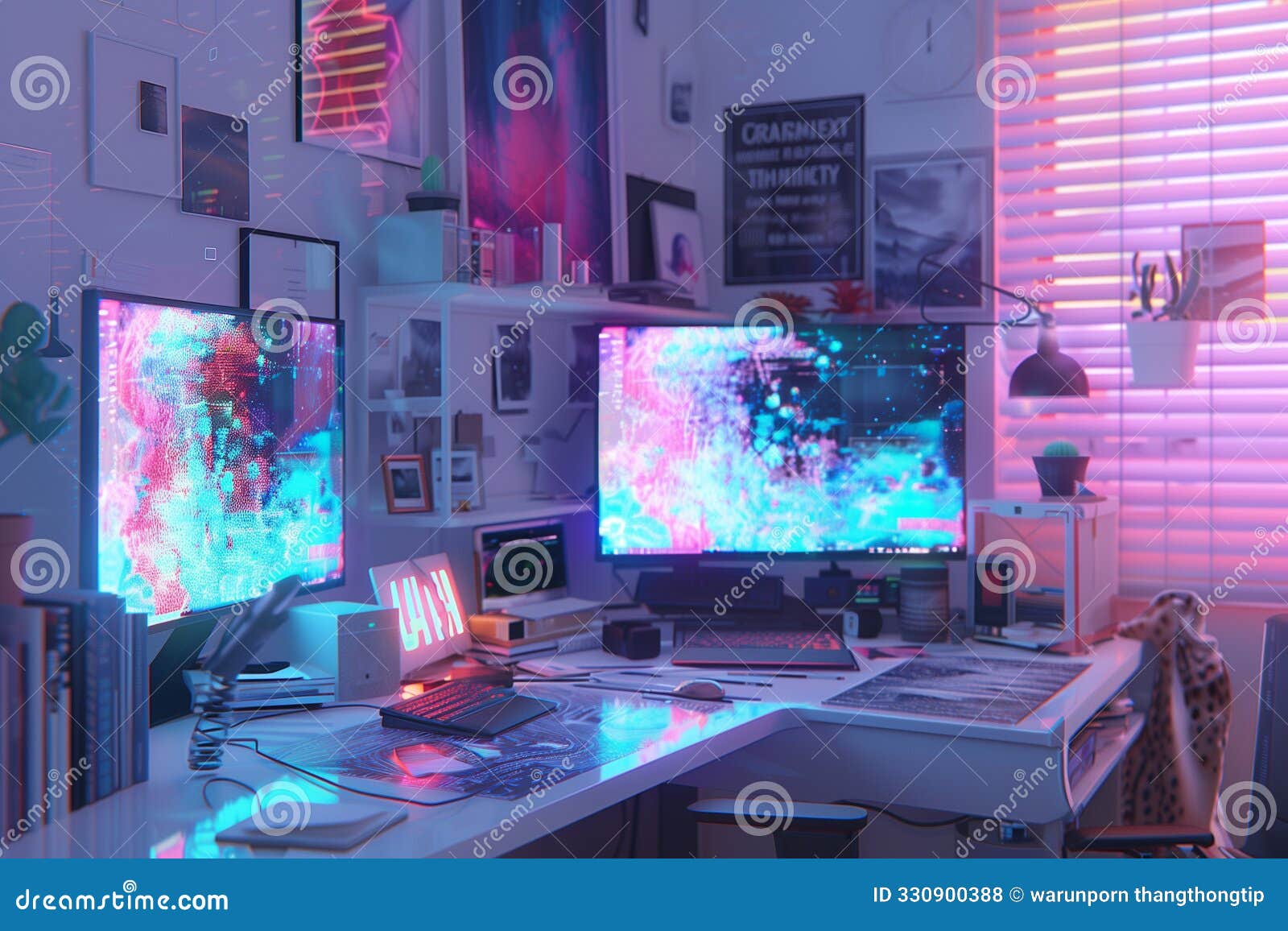 Futuristic Modern Workspace with Computer and Space Posters and Milky ...