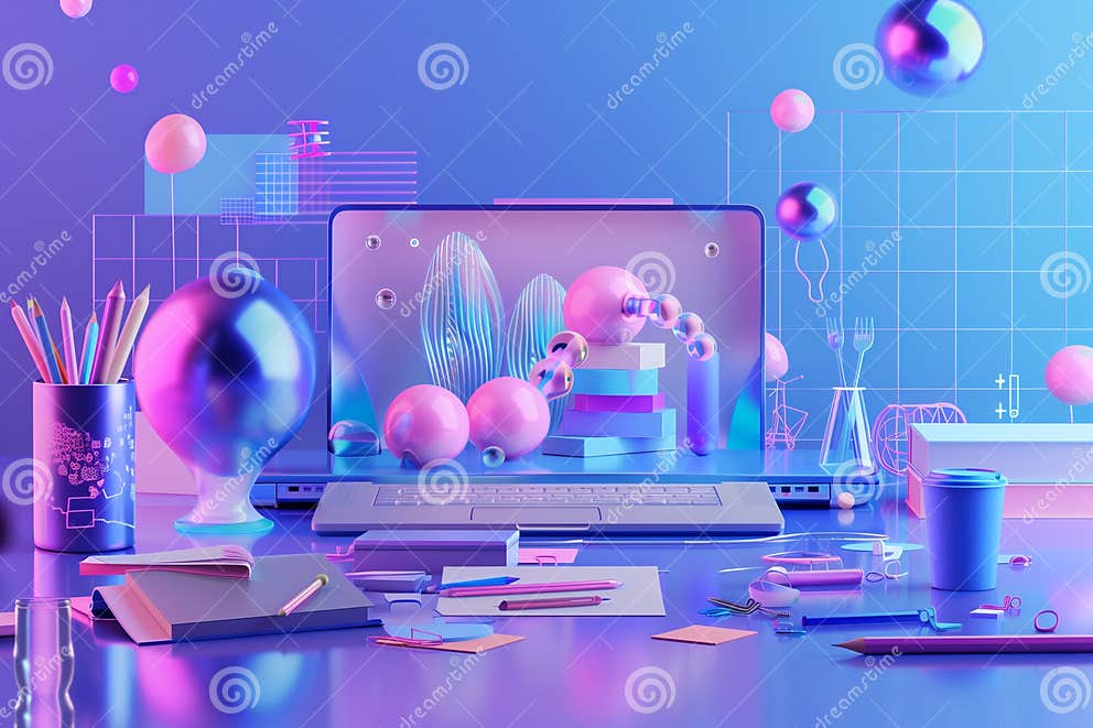 Futuristic Modern Workspace or Study Desk with Computer Geometry Design ...