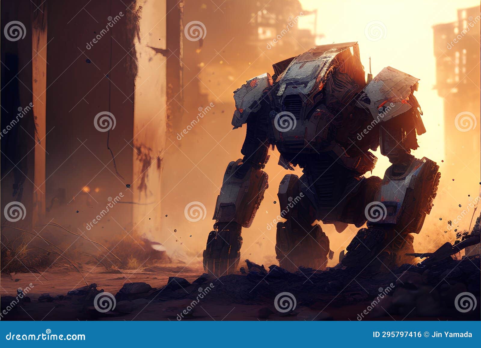 Futuristic Monster in the Ruins of a Burnt Down Building. Stock ...