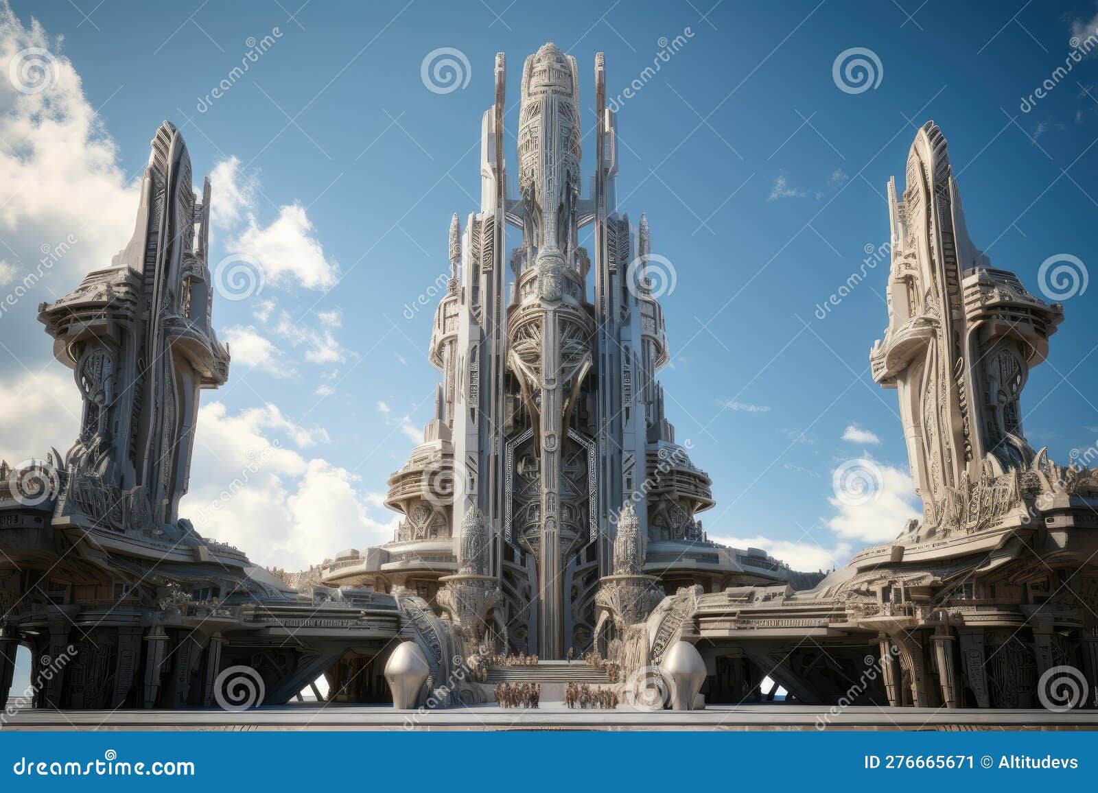 Futuristic Monument, with Towering Columns and Intricate Carvings Stock ...