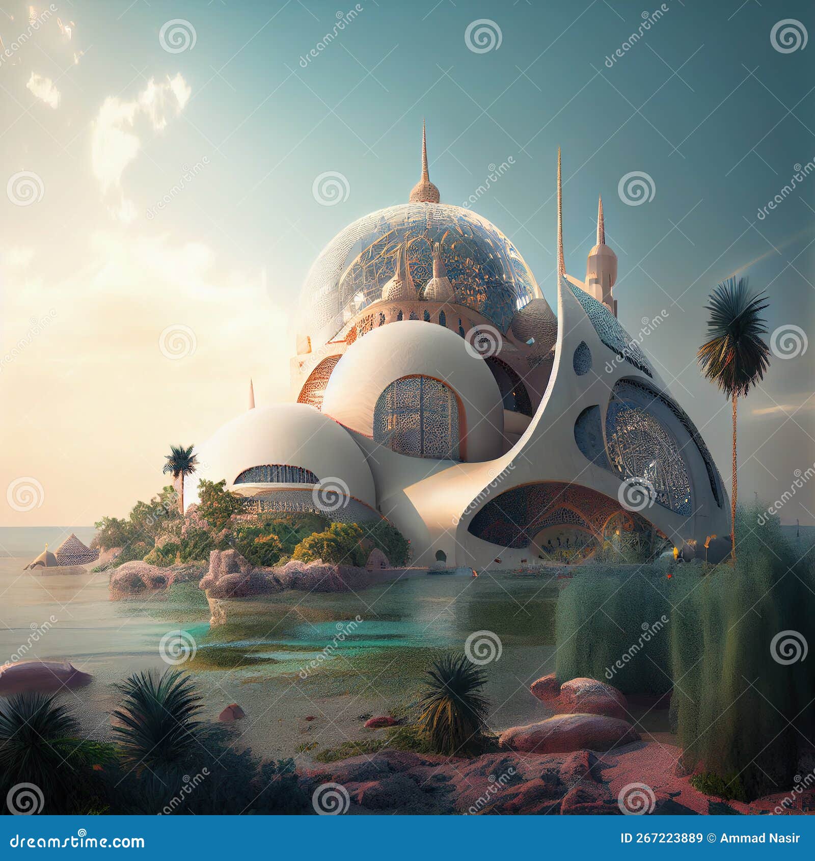 Futuristic Mosque with Blue Sky, Generative Ai Stock Illustration ...