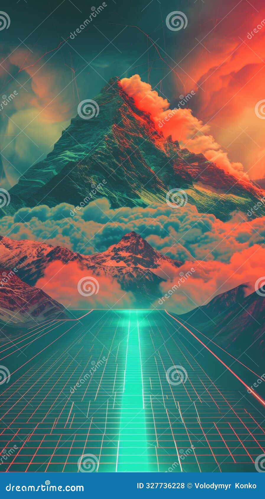 Futuristic Mountain Landscape with Grid Path and Neon Lights Stock ...