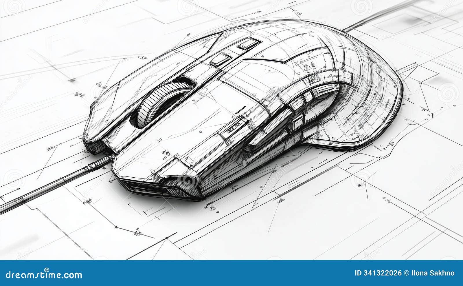 Futuristic Mouse Concept Sketch with Detailed Lines and Dimensions Stock Illustration ...