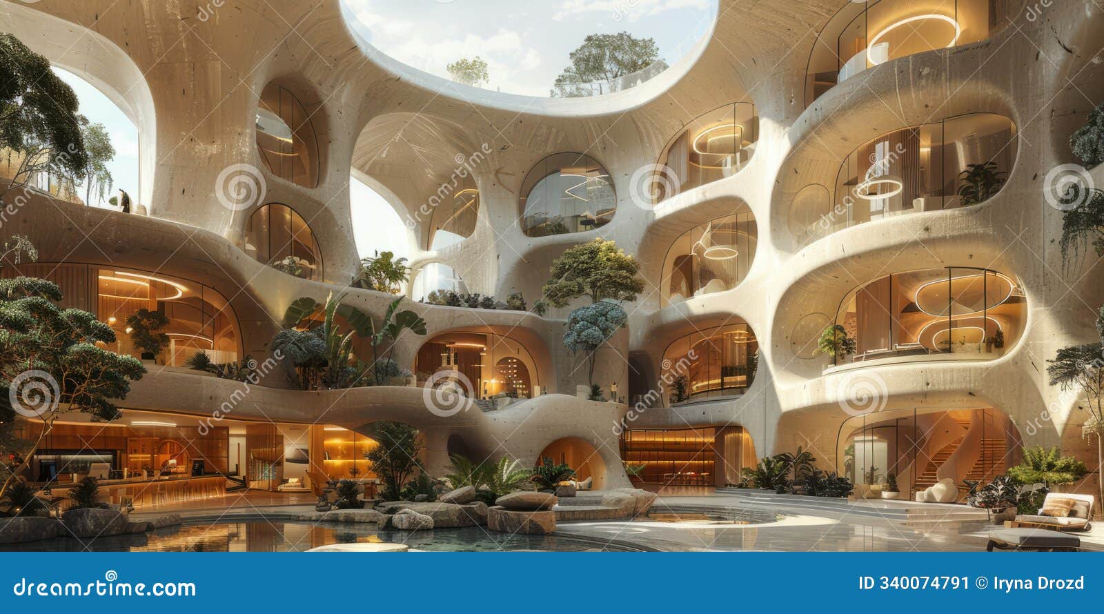 Futuristic Multi-level Atrium with Organic Architecture, Large Windows ...
