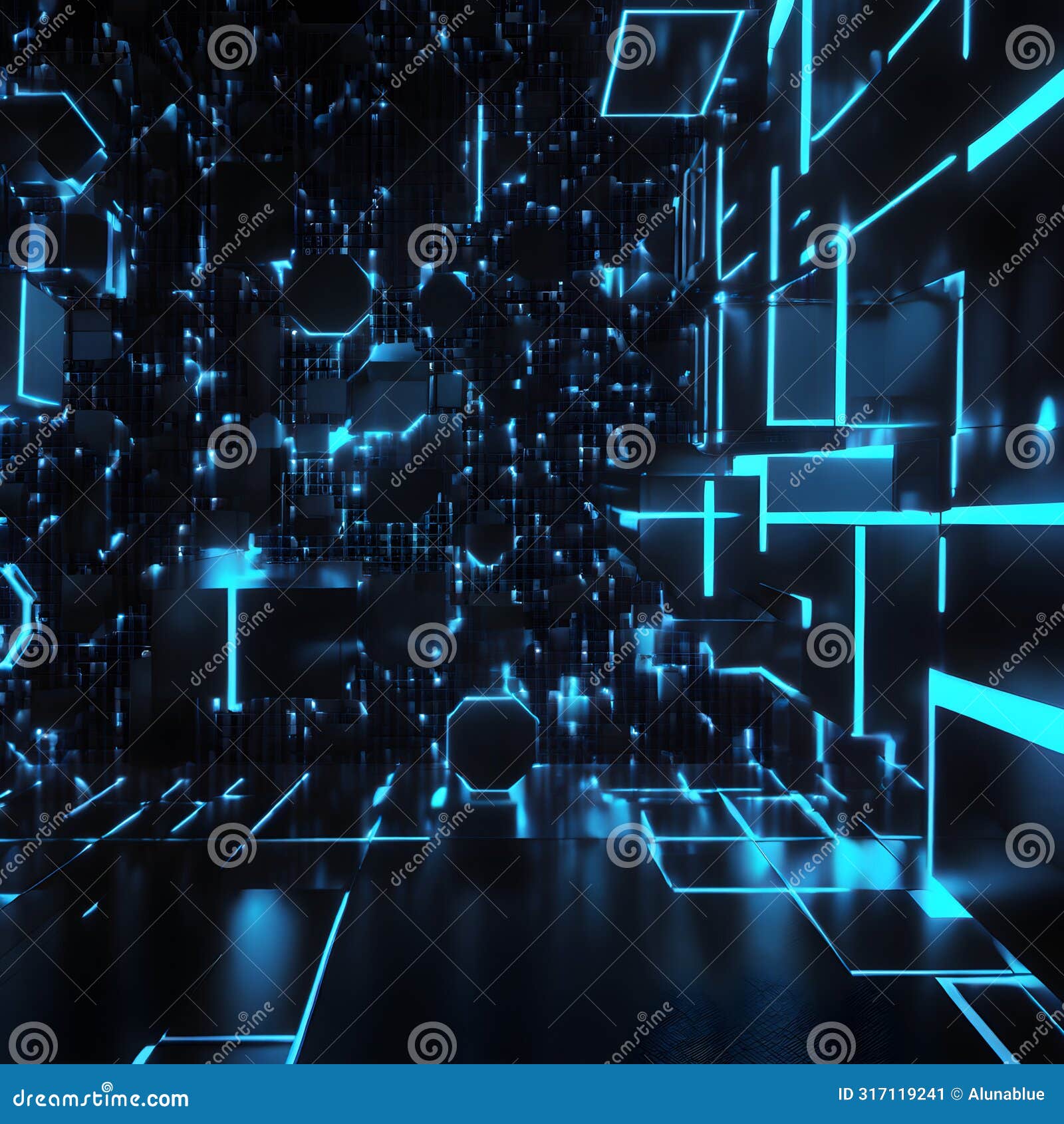 Futuristic Neon Blue Digital Landscape in 3D Perspective Stock ...
