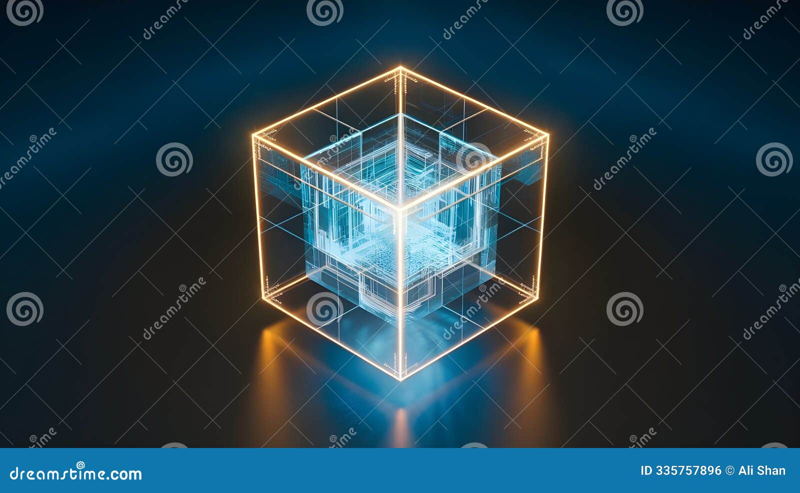 Neon Cube In Perspective With Lens Flare And Glowing Particles Vector ...
