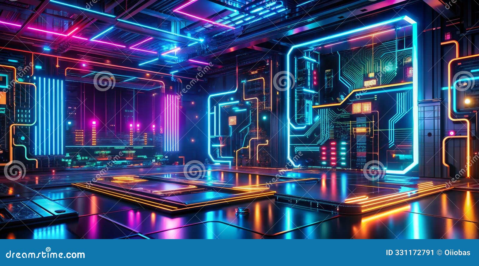 Futuristic Neon Cyber Room - 3D Rendering, Cyberpunk, Neon Lights ...