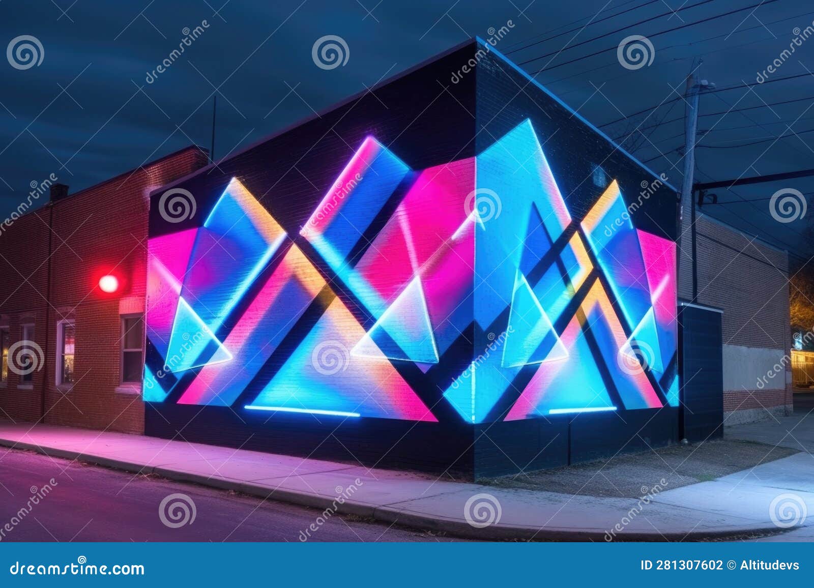 Futuristic Neon Geometric Mural on City Wall Stock Illustration ...