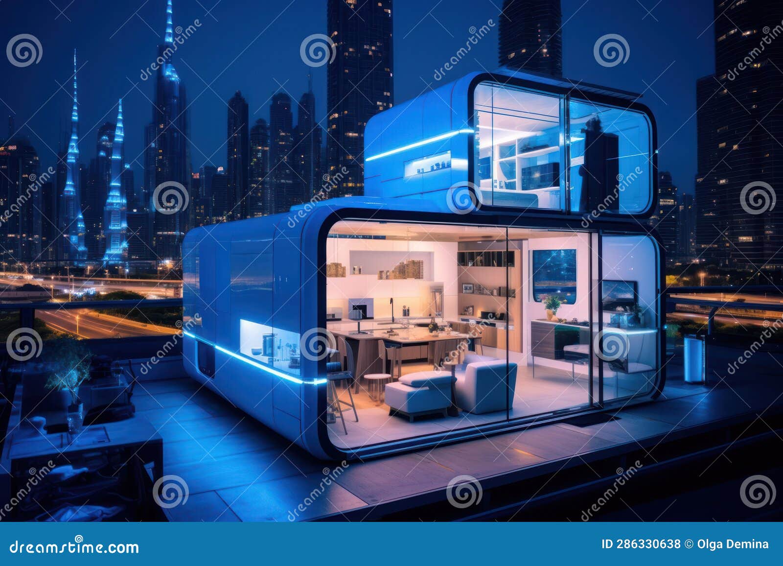 Futuristic Neon-Glowing Tiny Container Capsule House in the Big City ...
