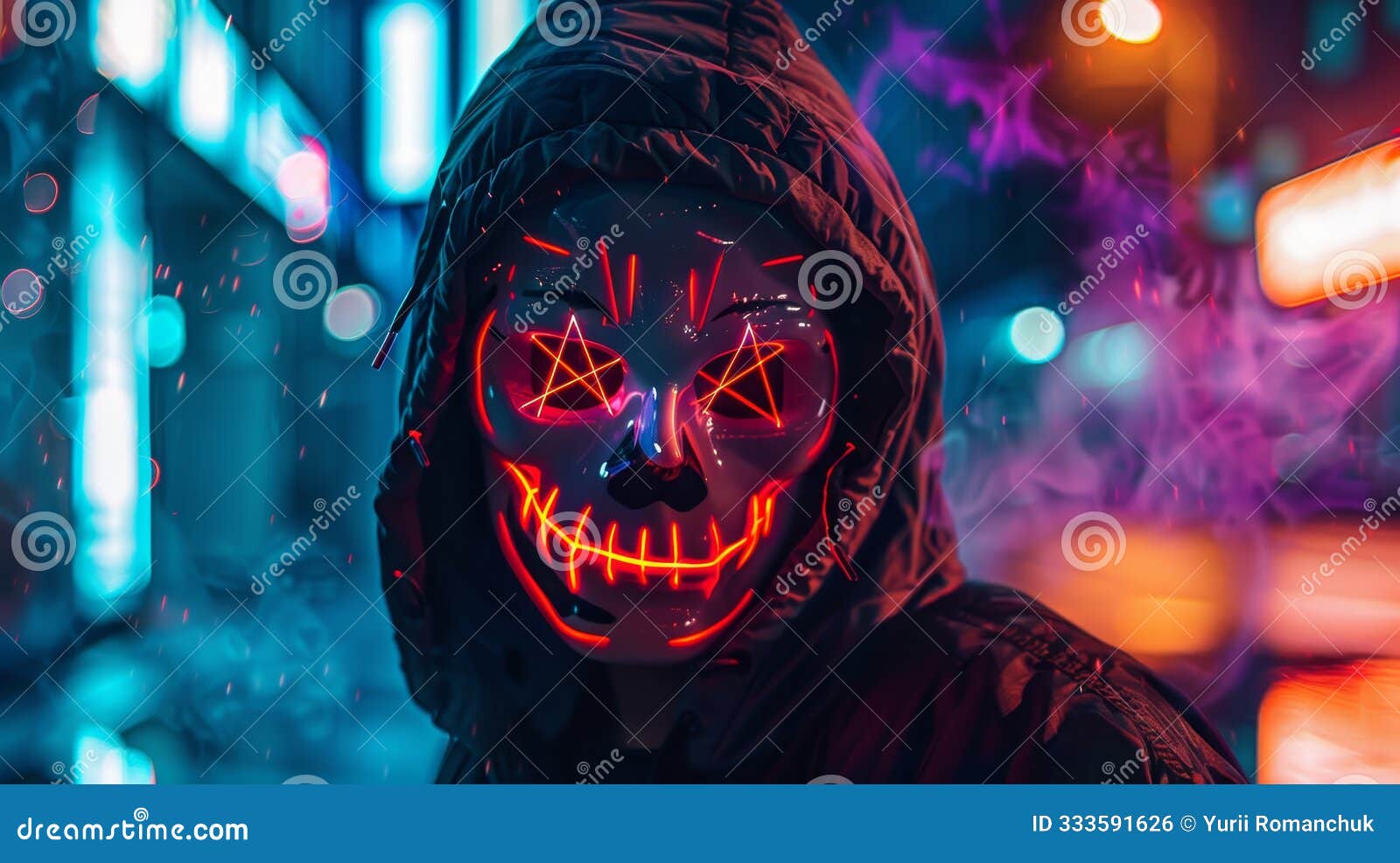 Futuristic Neon Halloween Mask with Digital Patterns in a Dark ...
