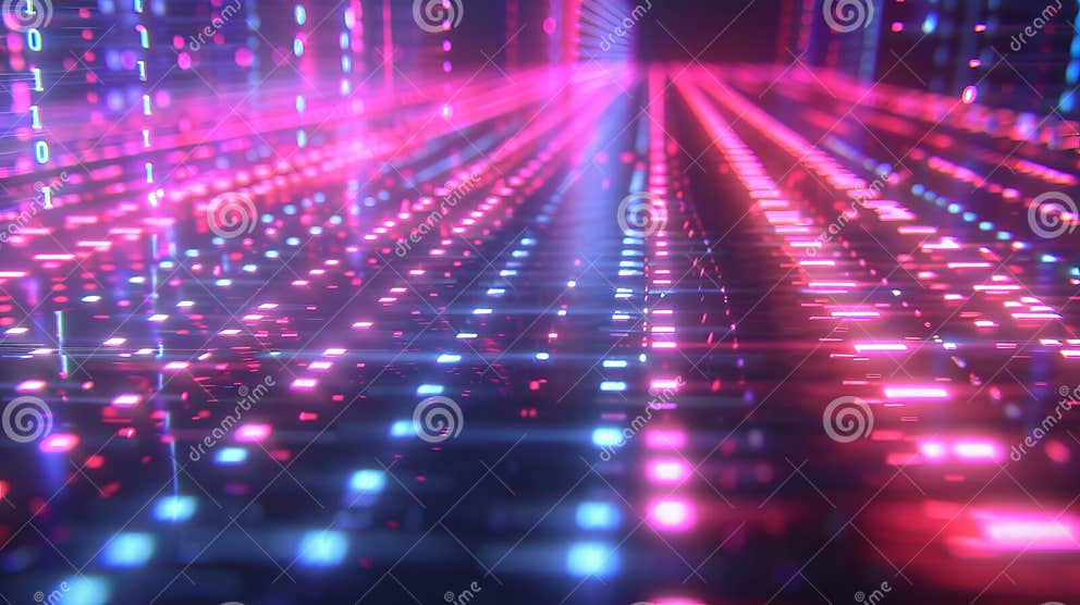 Futuristic Neon Illuminated Network Grid with Flowing Binary Code for Design Concepts Stock ...