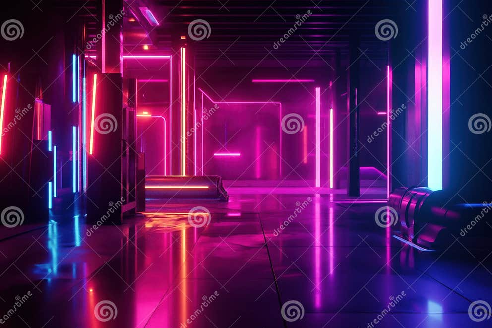 Futuristic Neon Interior with Reflective Surfaces and Modern Lighting ...