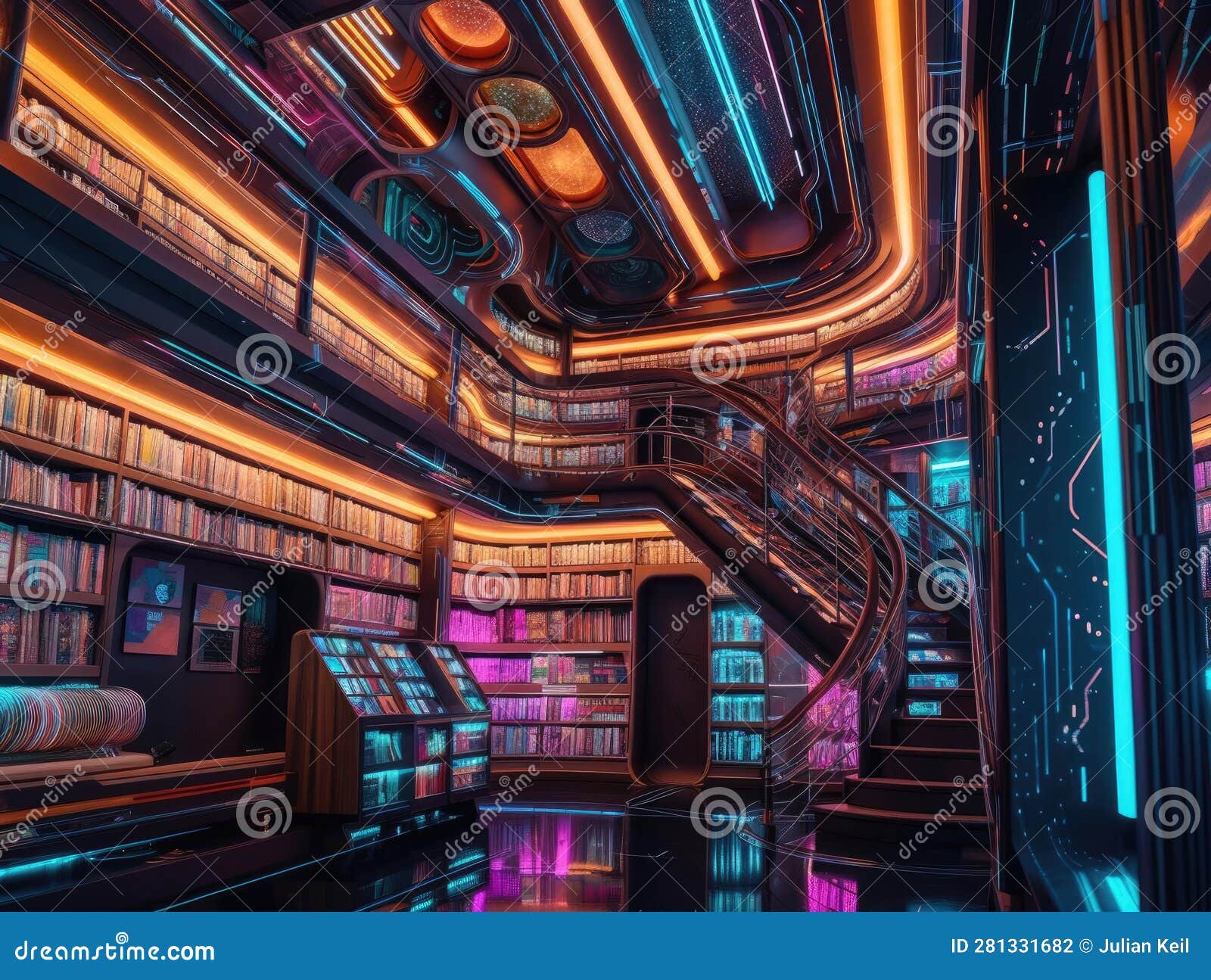 Futuristic Neon Library with Glowing Shelves Stock Illustration ...