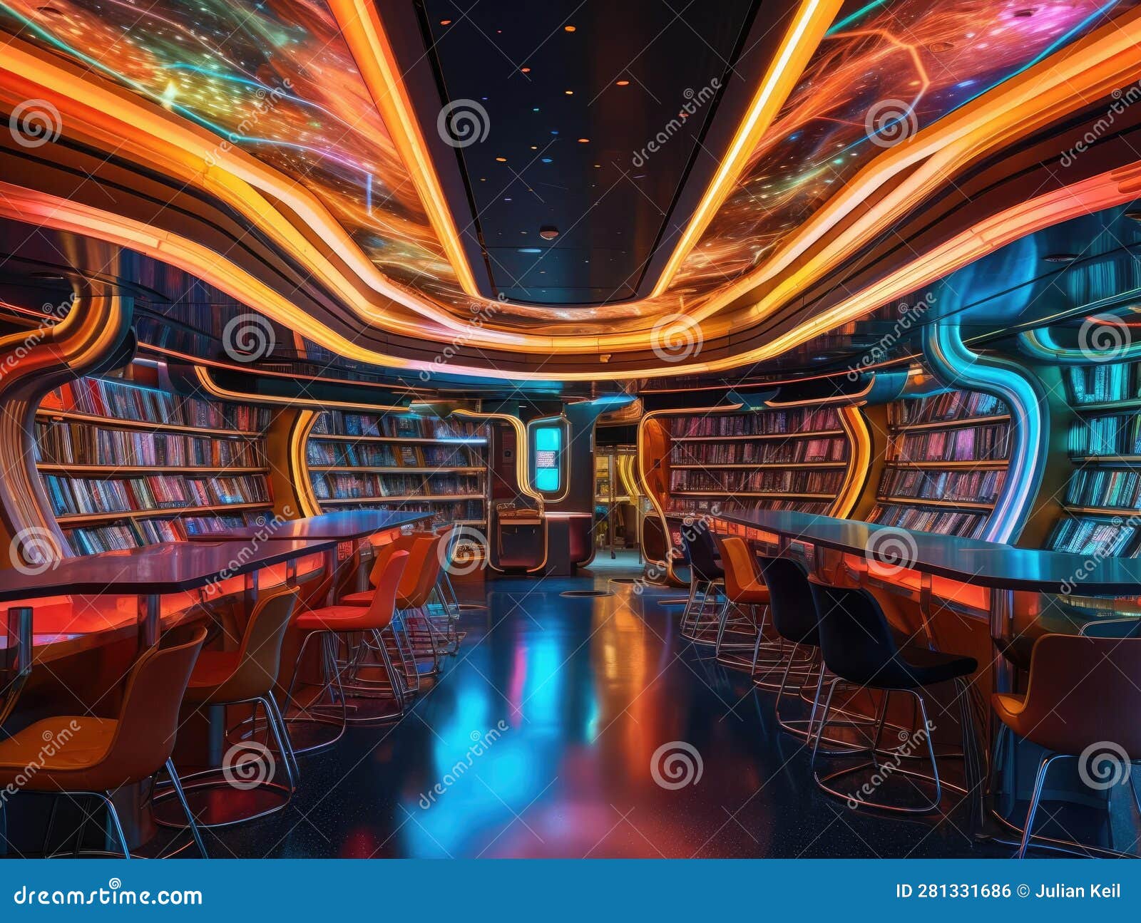 Futuristic Neon Library with Glowing Shelves Stock Illustration ...