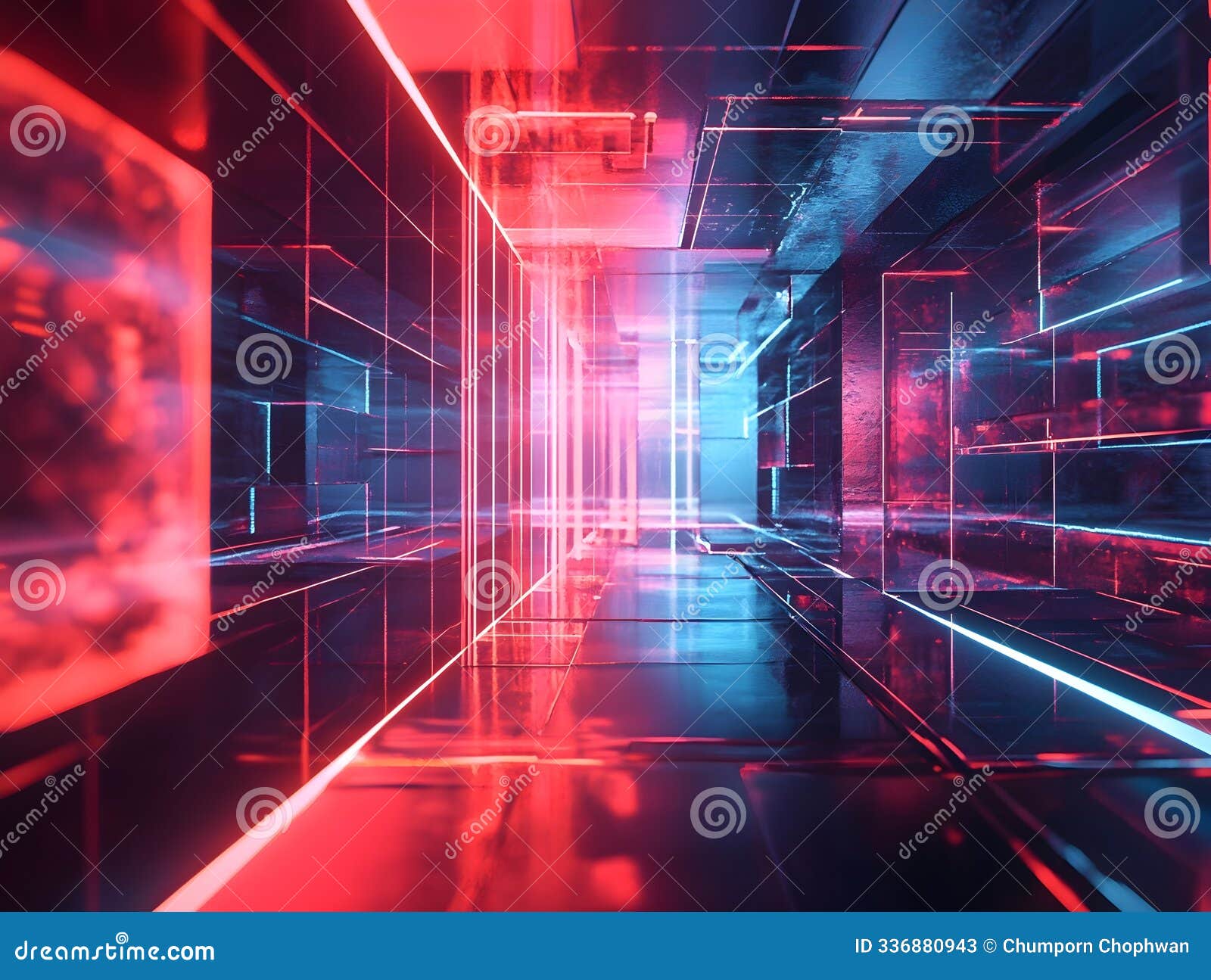 Futuristic Neon Lighted Grids Corridor in 3D Rendered Sci Fi ...