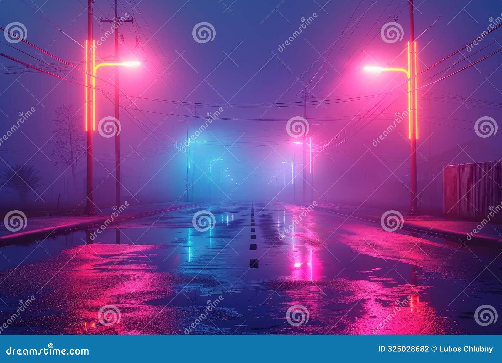 Futuristic Neon Lights on Electricity Poles at Night by the Road Stock ...