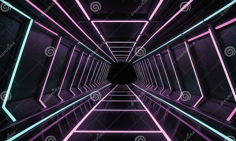 Futuristic, Neon-lit Corridor with Geometric Pattern Rectangular Panels ...