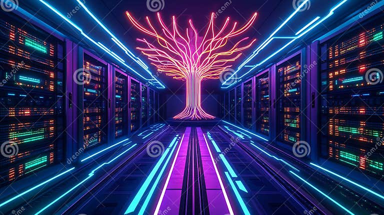 Futuristic Neon Lit Data Center with Tree Like Interconnected Digital ...