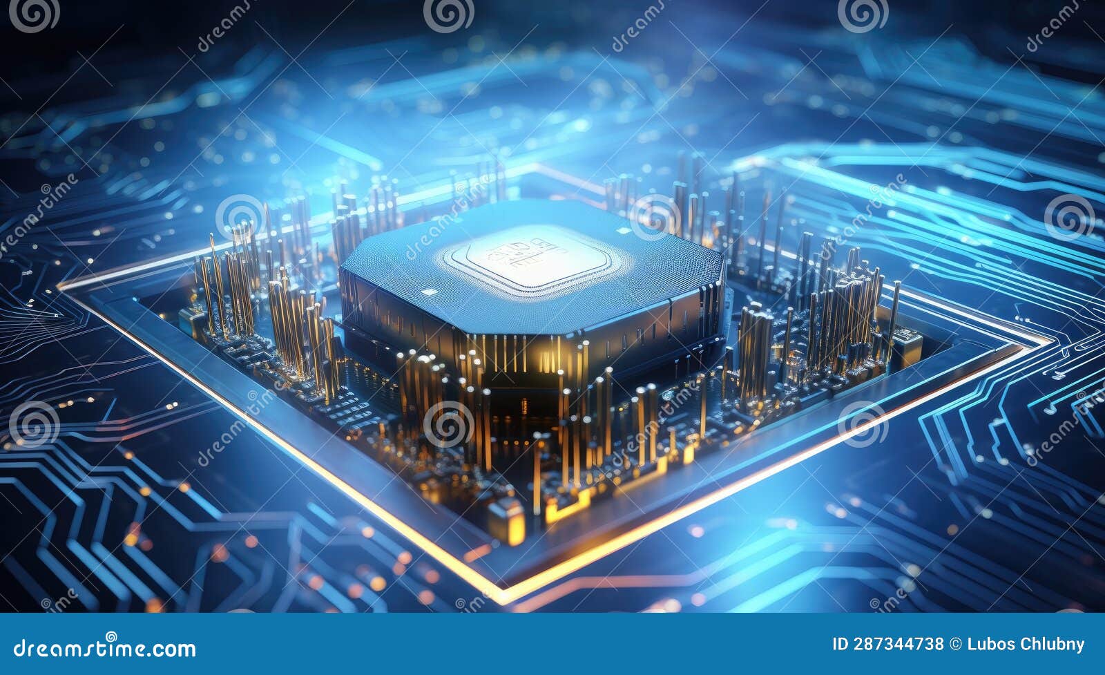 Futuristic Neon Microprocessor on Blue Background. Integrated Microchip ...