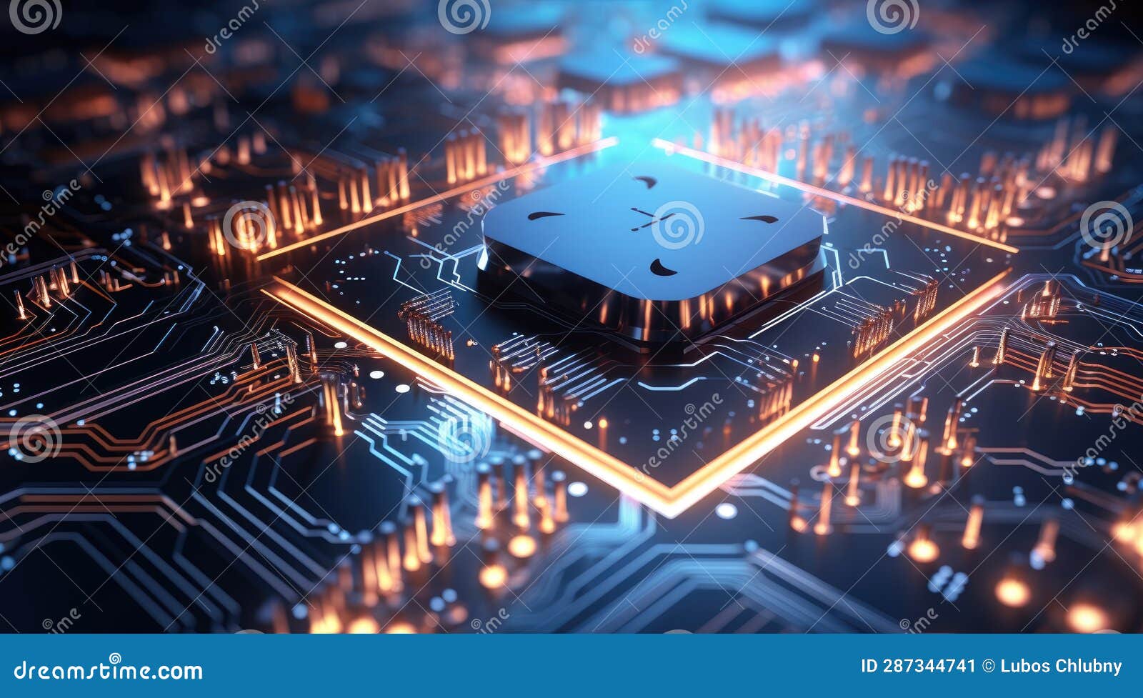 Futuristic Neon Microprocessor on Blue Background. Integrated Microchip ...