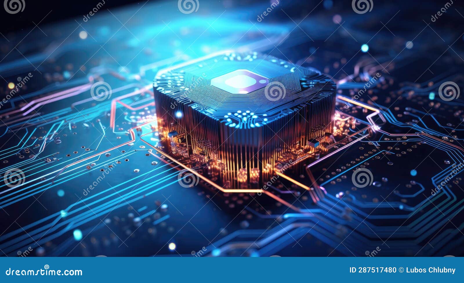 Futuristic Neon Microprocessor on Blue Background. Integrated Microchip ...