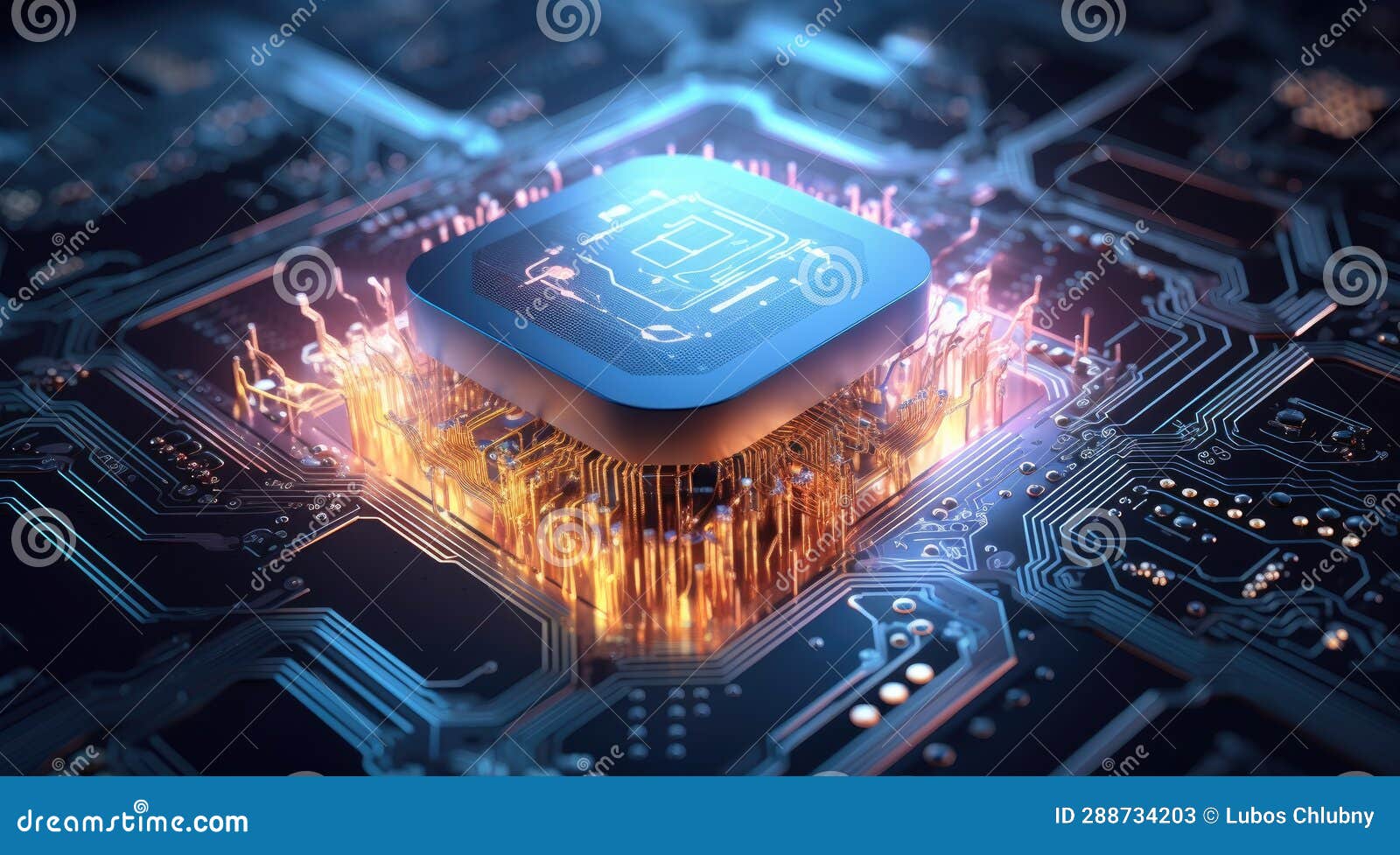 Futuristic Neon Microprocessor on Blue Background. Integrated Microchip ...