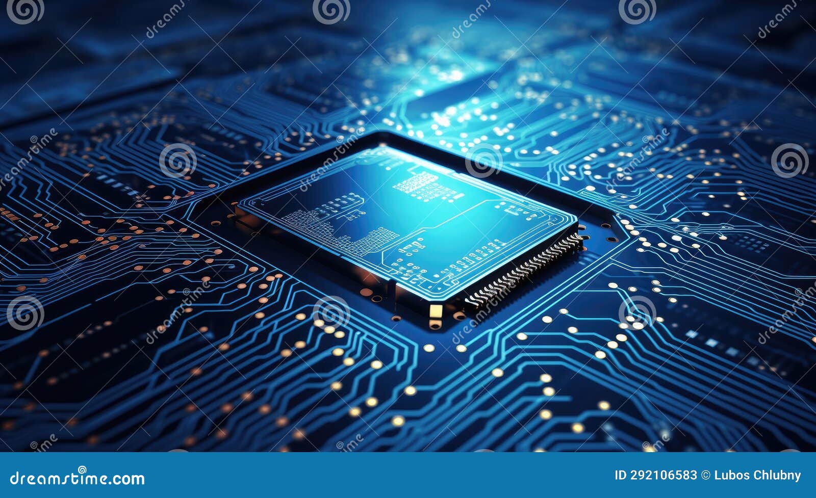 Futuristic Neon Microprocessor on Blue Background. Integrated Microchip ...