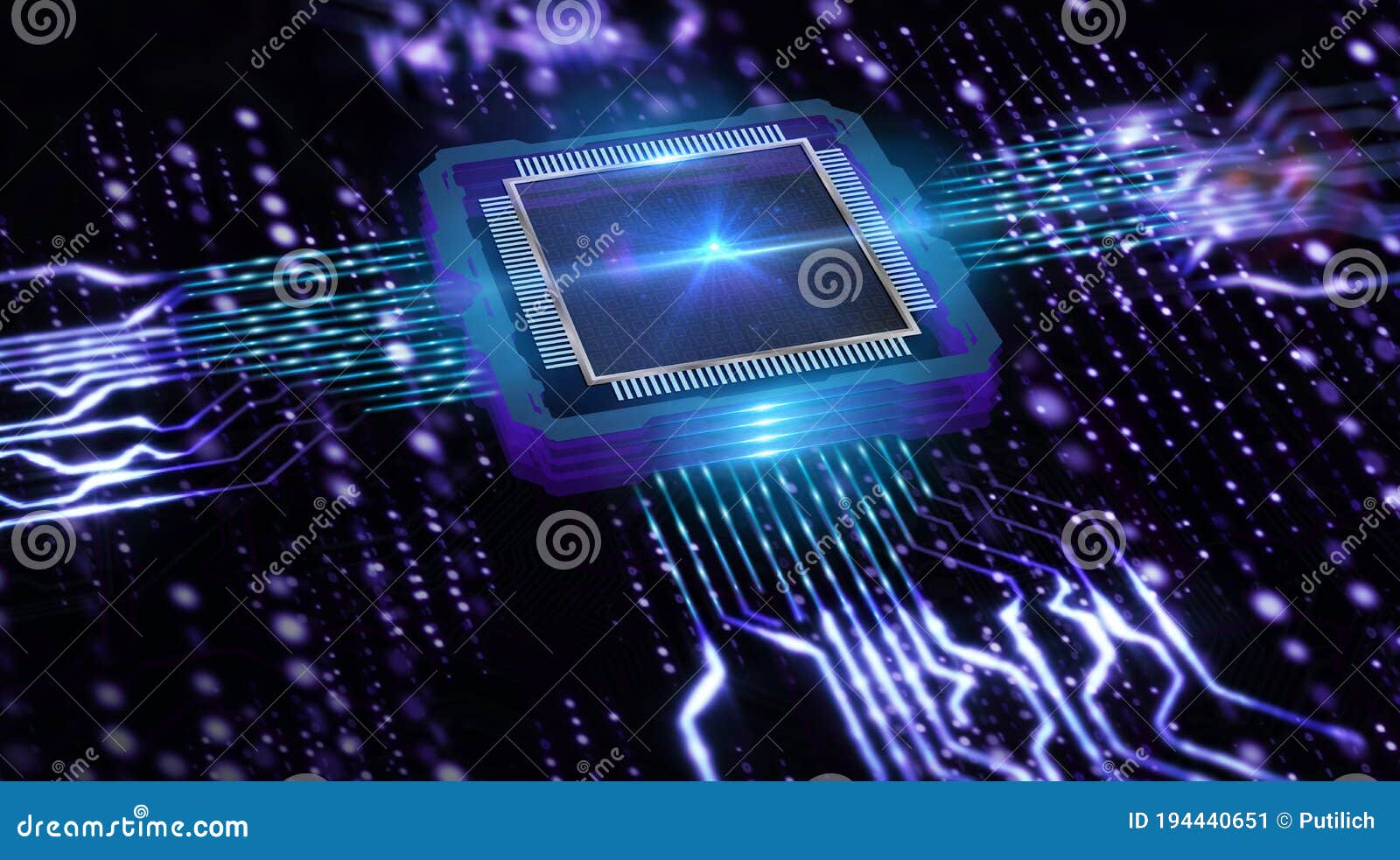 Futuristic Neon Microprocessor on Blue Background. Microchip for Data ...